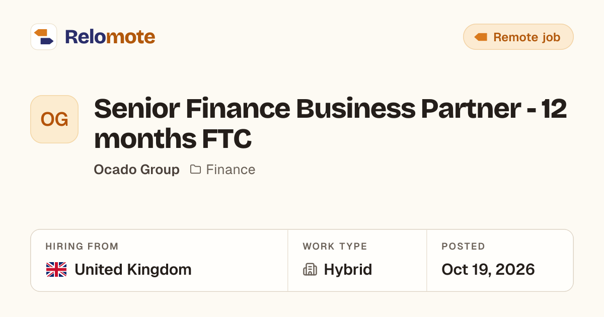 Senior Finance Business Partner - 12 months FTC at Ocado Group